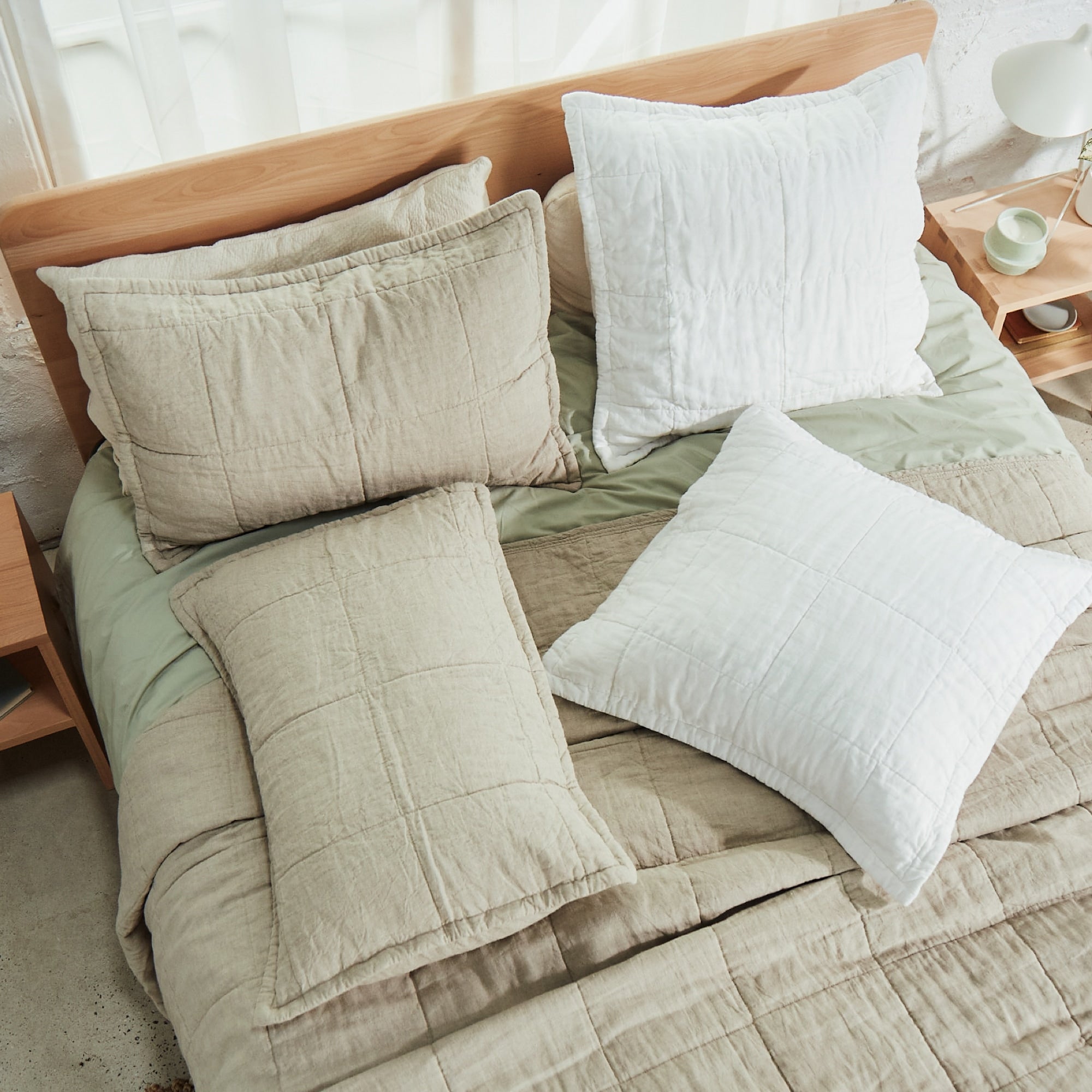 Natural Linen Shams | Avocado Green Mattress